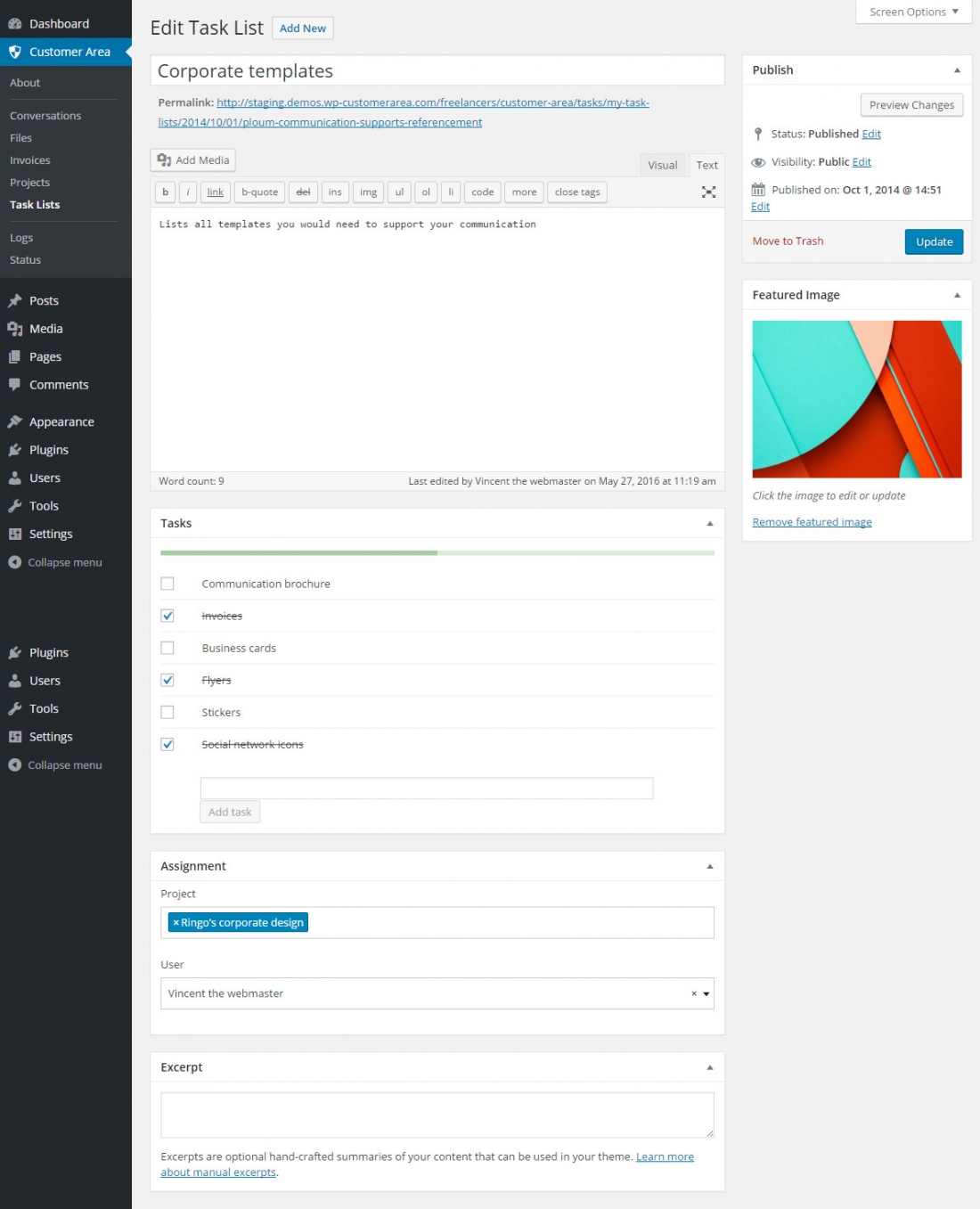 Tasks - WP Customer Area